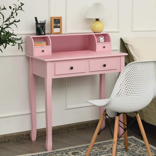 Giantex Writing Desk with 4 Drawers, Removable Floating Organizer 2-Tier Mission Home Computer Vanity Desk for Apartment Small Space (Pink)