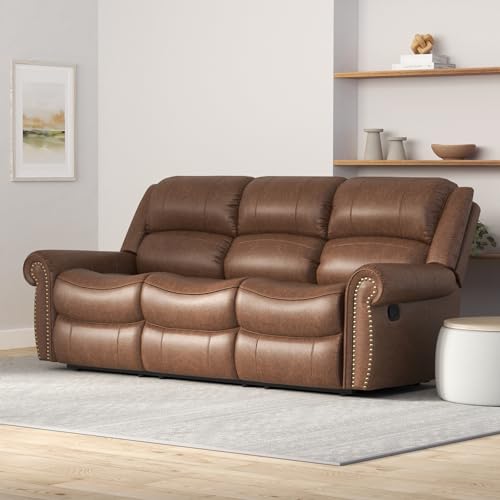 Madrona Burke Nova Brown 87" Sofa with Dual Recliners, Nailhead Trim, and Pillow Back