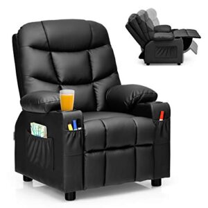 costzon kids recliner chair with cup holder, adjustable leather lounge chair w/footrest & side pockets for children boys girls room, ergonomic toddler furniture sofa, kids recliner (black)