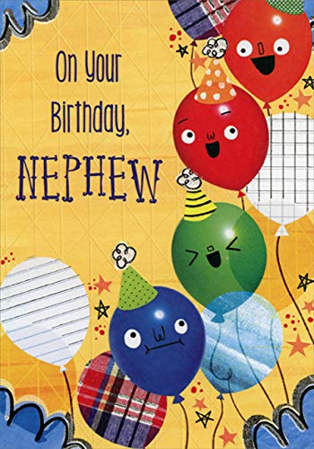 Designer Greetings Colorful Balloons with Silly Faces and Party Hats Juvenile Birthday Card for Young Nephew