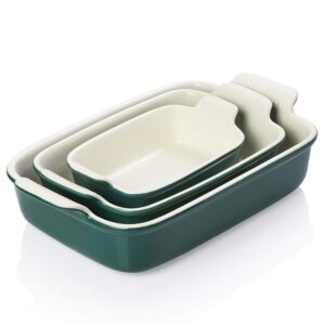 sweejar baking pans set, ceramic 9x13 baking dish with handle, rectangular casserole dishes for oven, bakeware sets of 3, durable lasagna pan deep for kitchen, banquet, wedding gift(jade)