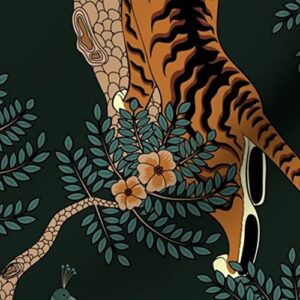 Spoonflower Fabric - Tiger Chinoiserie Bengal Peacock Asian Inspired Dark Teal Orange Printed on Petal Signature Cotton Fabric by The Yard - Sewing Quilting Apparel Crafts Decor