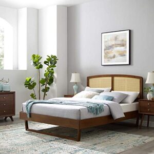 modway sierra cane and wood queen platform bed with angular legs in walnut