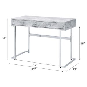 Acme Tigress Faux Marble Top Writing Desk with 2 Drawers in White and Chrome