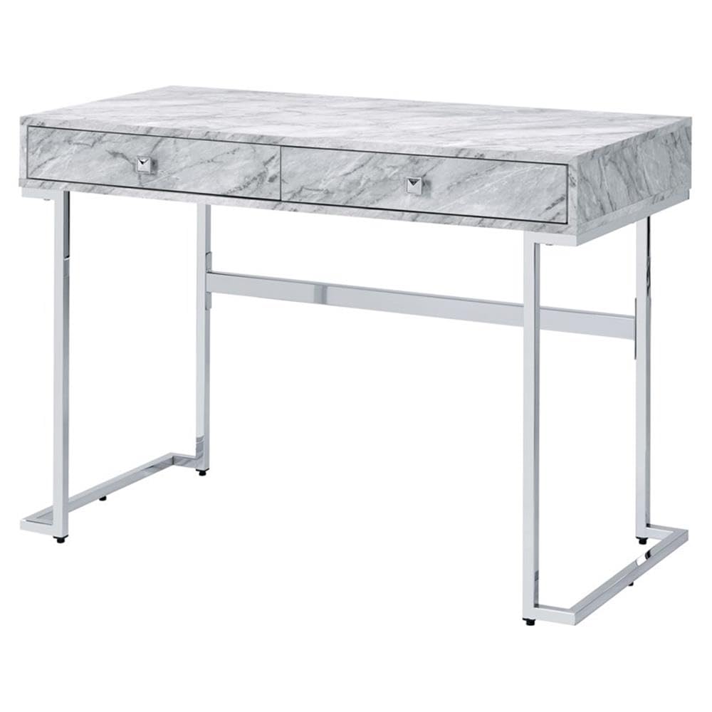 Acme Tigress Faux Marble Top Writing Desk with 2 Drawers in White and Chrome