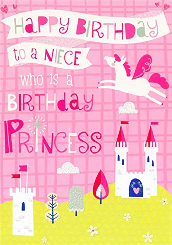 Designer Greetings Birthday Princess Unicorn and Castle Juvenile Birthday Card for Young Niece