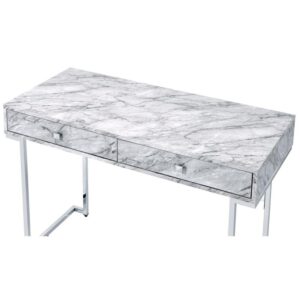 Acme Tigress Faux Marble Top Writing Desk with 2 Drawers in White and Chrome