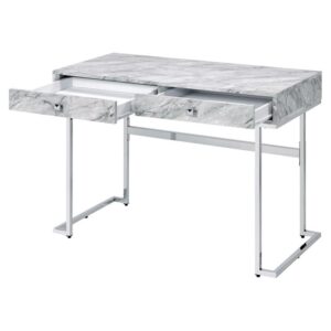 Acme Tigress Faux Marble Top Writing Desk with 2 Drawers in White and Chrome