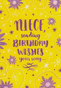 designer greetings purple flowers and glitter bursts on yellow birthday card for teen : teenage niece