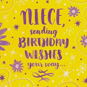 Designer Greetings Purple Flowers and Glitter Bursts on Yellow Birthday Card for Teen : Teenage Niece