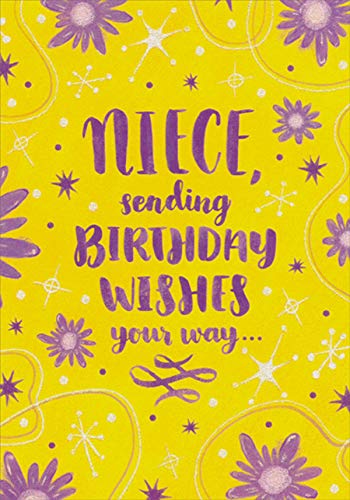 Designer Greetings Purple Flowers and Glitter Bursts on Yellow Birthday Card for Teen : Teenage Niece