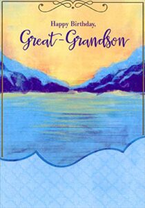 designer greetings bright and dark blue mountains : lake with orange sky great-grandson birthday card