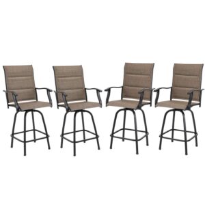 phi villa outdoor patio swivel bar stools set of 4 with backrest, bar height patio bar stools & chairs with armrest,padded brown textilene