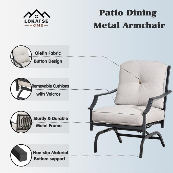 LOKATSE HOME 2 Pieces Patio Metal Chairs Outdoor Conversation Furniture Bistro Dining Seating Armchair Set with Cushion, Beige