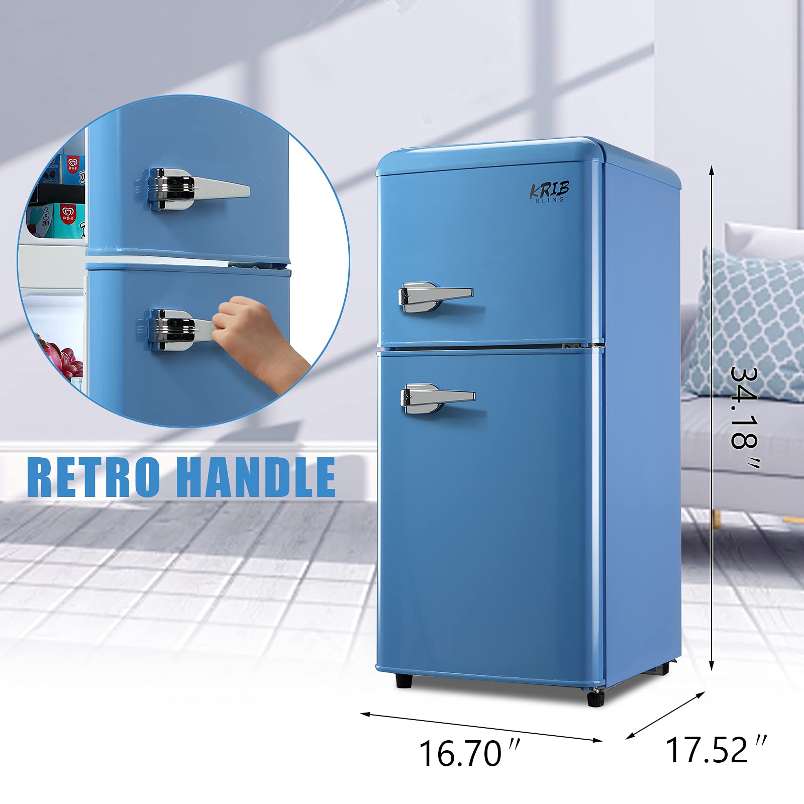 KRIB BLING 3.5 Cu.ft Compact Refrigerator, Retro Mini Fridge with Freezer, Small Drink Chiller with 2 Door Adjustable Mechanical Thermostat for Home, Office,Dorm or RV, Blue