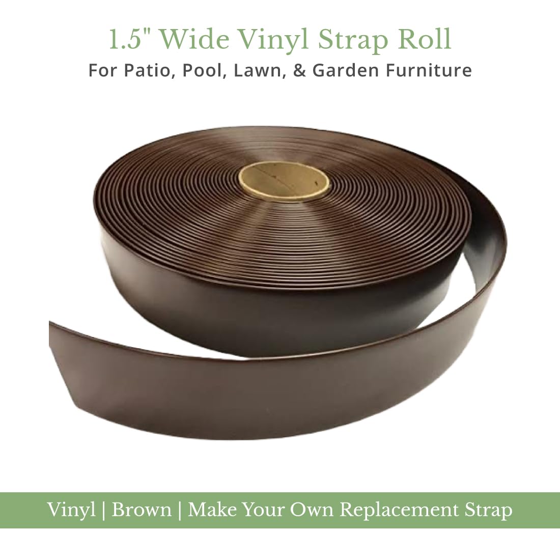 Jejavu Sunniland Patio 1.5 inch Wide x 20' Roll Vinyl Strap for Patio Pool Lawn Garden Furniture- Make Your Own Replacement Straps.20 Free Strap Fasteners Included! (Brown)