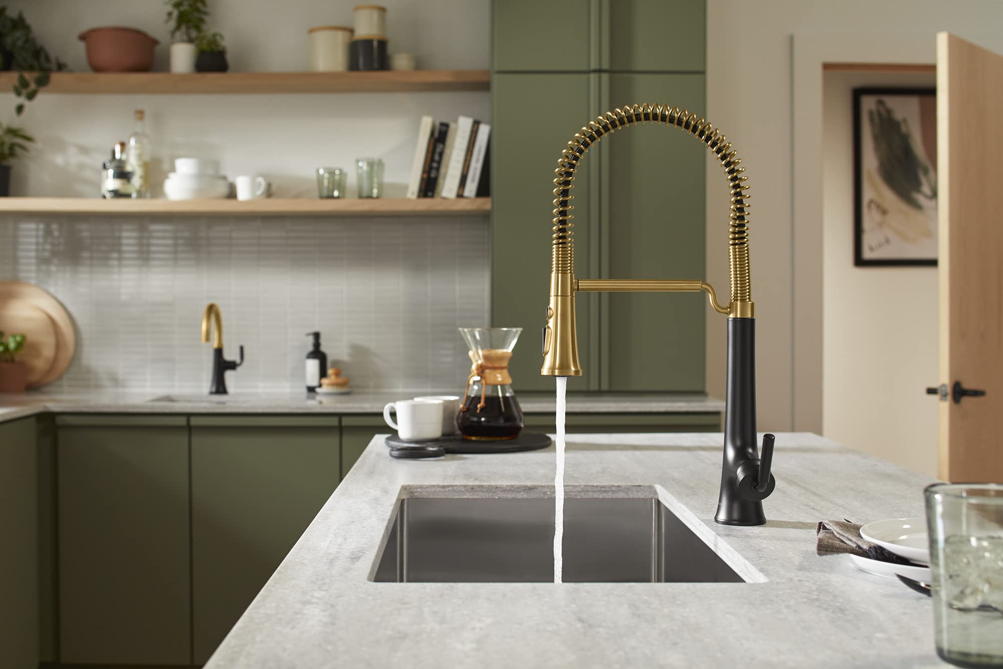 KOHLER 23765-BMB Tone Semi Professional Kitchen Faucet, Matte Black Moderne Brass