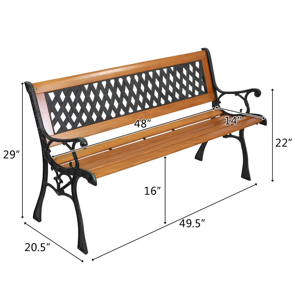 VINGLI 49.5" Outdoor Garden Bench,Deck Hardwood Cast Iron Wood Bench Chair for Patio Front Porch Path Yard Lawn