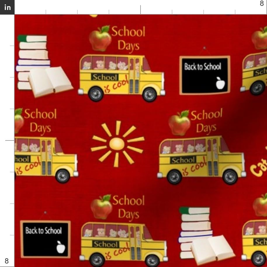 Spoonflower Fabric - School Bus Red Back to School Yellow Bear Transportation Printed on Petal Signature Cotton Fabric Fat Quarter - Sewing Quilting Apparel Crafts Decor