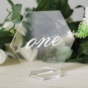 highfree hexagon acrylic table numbers 1-20 with stand - printed calligraphy place cards, clear acrylic table numbers for wedding reception, 4x4.5 inch, set of 21