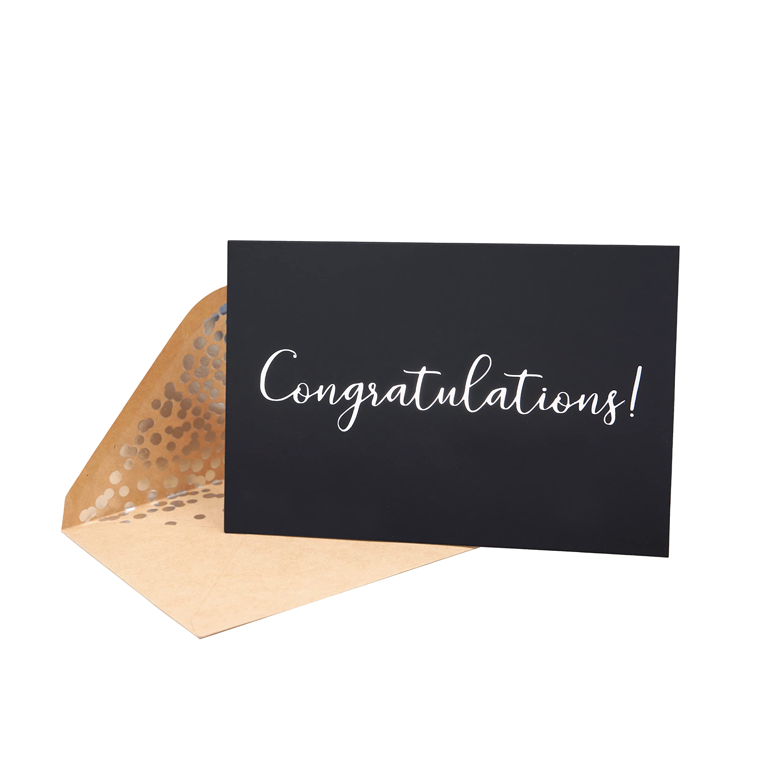 Congratulations Card – 50 Pack Matte Finish Black Greeting Cards With ‘’Congratulations’’ Embossed In Silver Foil Letters – For Engagement, Graduation, Wedding 52 Gold Foil Confetti Kraft Envelopes