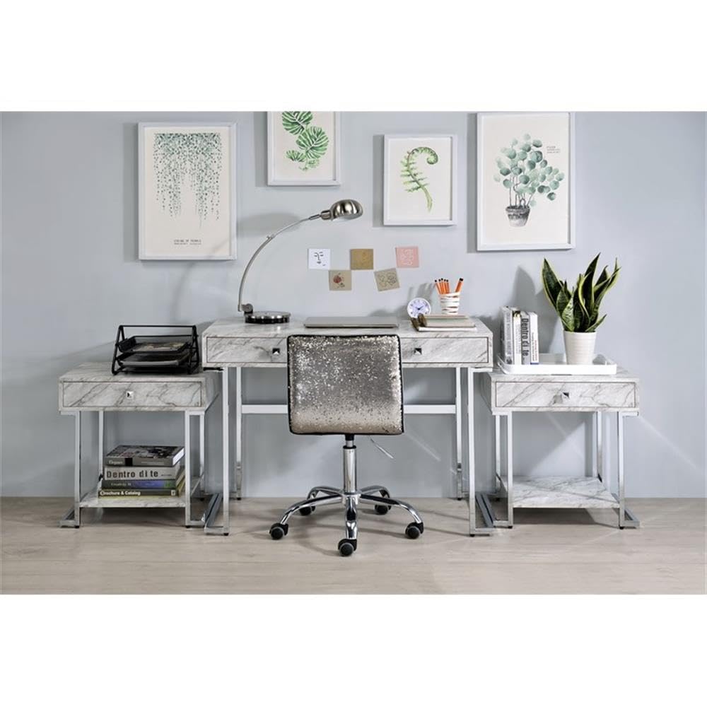 Acme Tigress Faux Marble Top Writing Desk with 2 Drawers in White and Chrome