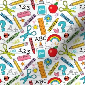 Spoonflower Fabric - Small School Supplies White Teacher Pencil Rainbow Student ABCs Printed on Petal Signature Cotton Fabric by The Yard - Sewing Quilting Apparel Crafts Decor