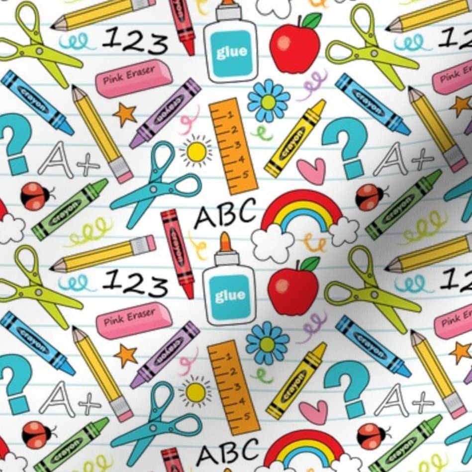 Spoonflower Fabric - Small School Supplies White Teacher Pencil Rainbow Student ABCs Printed on Petal Signature Cotton Fabric by The Yard - Sewing Quilting Apparel Crafts Decor