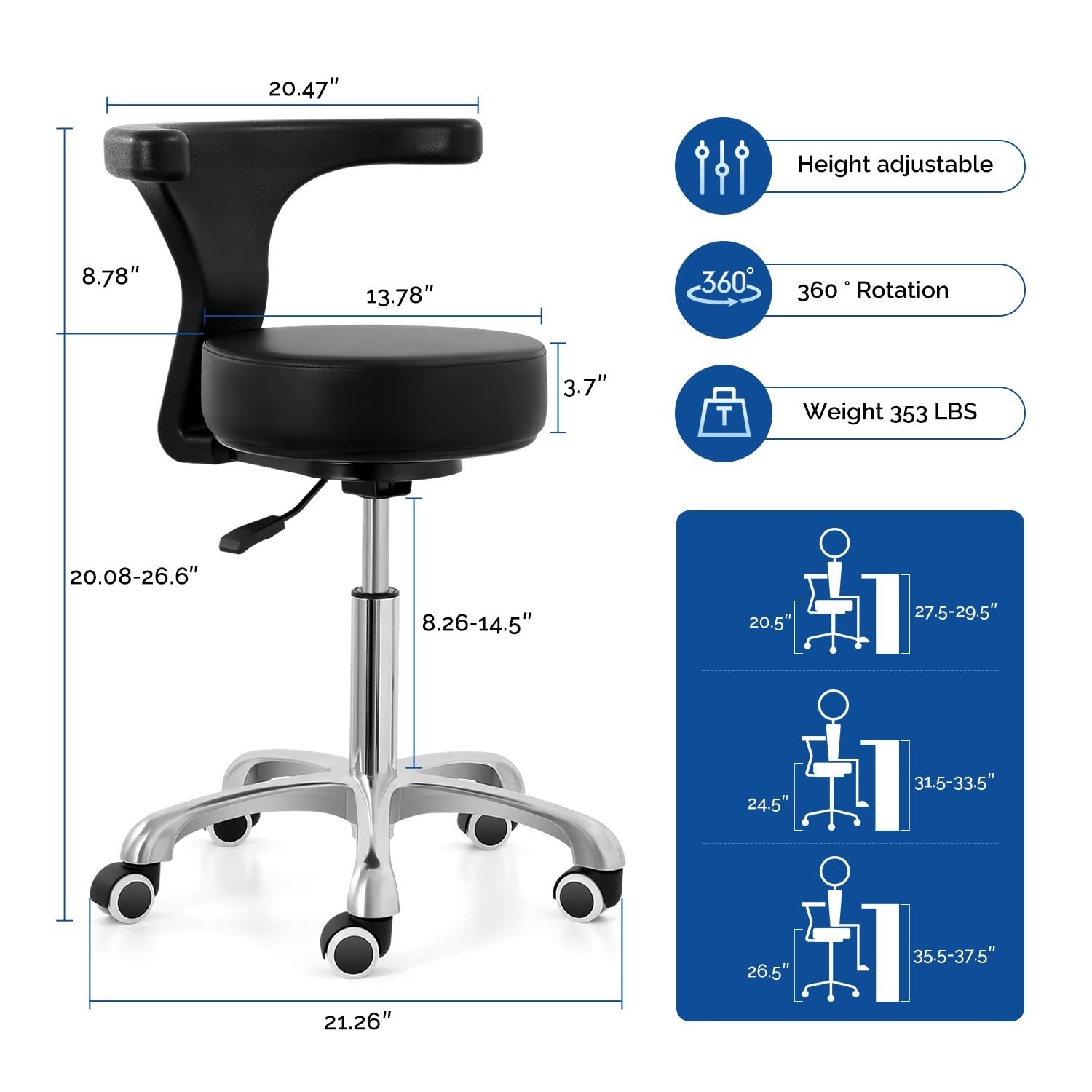 JMU Dental Assistant Chair, Rolling Stool with Wheels and Backrest, Heavy Duty Stool Height Adjustable for Dental Lab Salon Home, Black