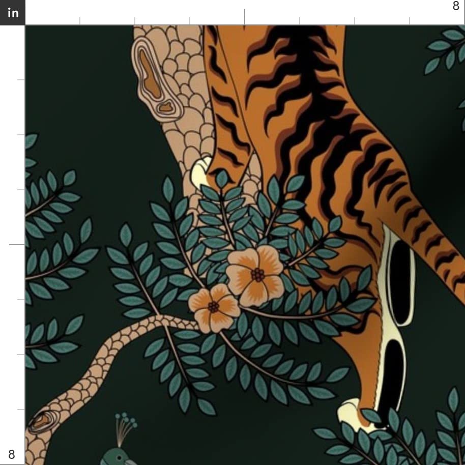 Spoonflower Fabric - Tiger Chinoiserie Bengal Peacock Asian Inspired Dark Teal Orange Printed on Petal Signature Cotton Fabric by The Yard - Sewing Quilting Apparel Crafts Decor