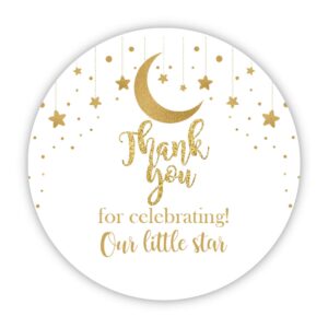 50 thank you for celebrating our little star stickers, thank you gift stickers for celebrating, gold glitter baby shower party favors for birthday, party, 2 inches