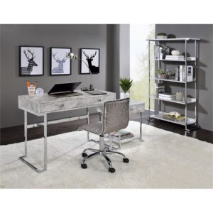 Acme Tigress Faux Marble Top Writing Desk with 2 Drawers in White and Chrome