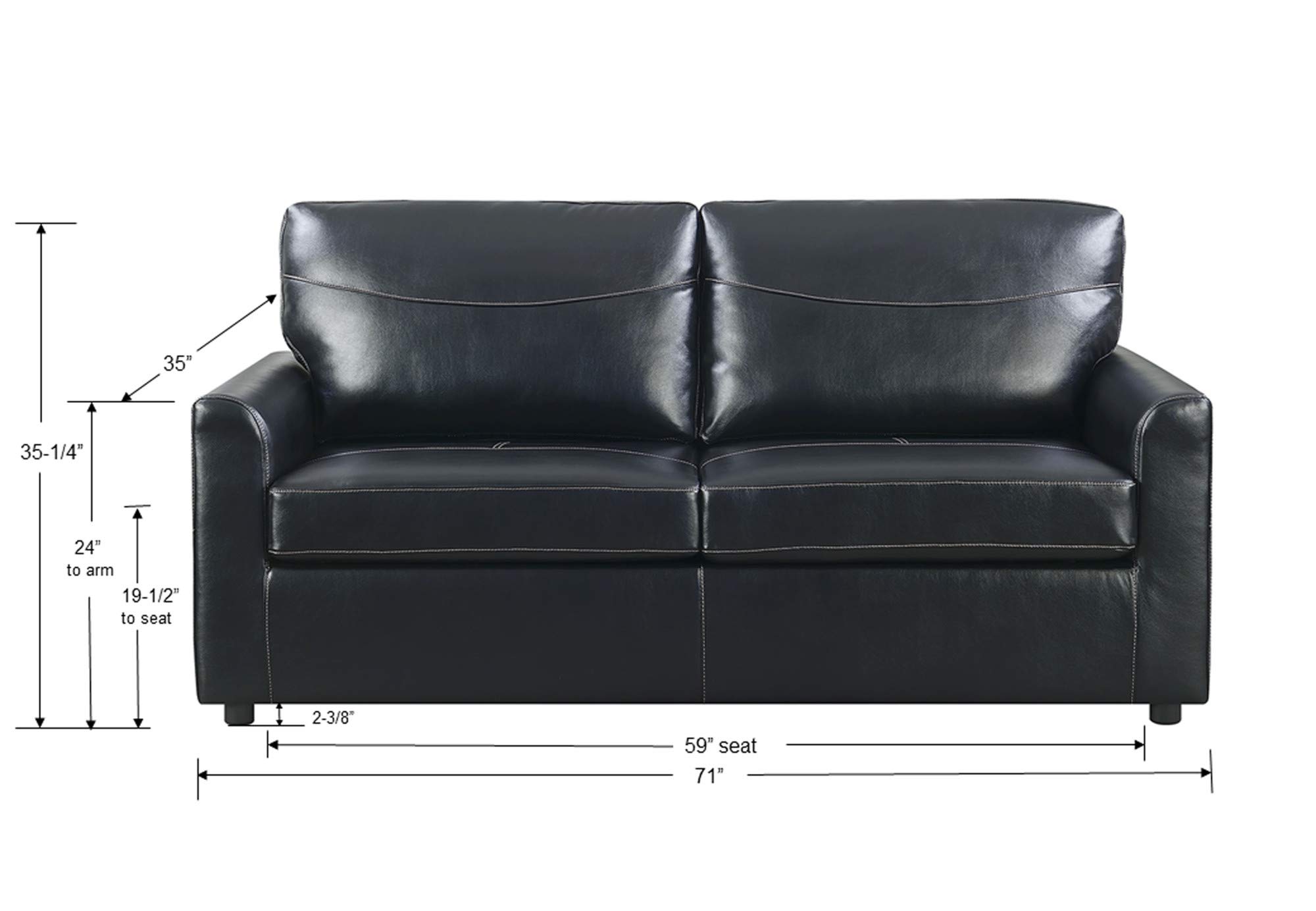 Madrona Burke Full Bella Black 71" Sleeper Sofa, with Pillows, Faux Leather Upholstery and Gel Foam Mattress