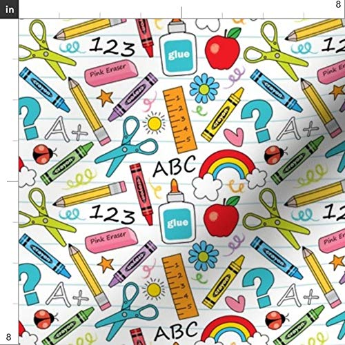 Spoonflower Fabric - Small School Supplies White Teacher Pencil Rainbow Student ABCs Printed on Petal Signature Cotton Fabric by The Yard - Sewing Quilting Apparel Crafts Decor