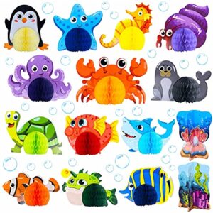 15 pieces sea animal honeycomb centerpiece, ocean themed marine creature decoration table honeycomb party supplies for party table, birthday, baby shower