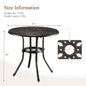 VINGLI 32" Outdoor Dining Table, Round Patio DiningTable with Umbrella Hole, Cast Aluminum Outdoor Bistro Table Outdoor Furniture Garden Table (Bronze, 32" Dia x 29 H) (Bronze)