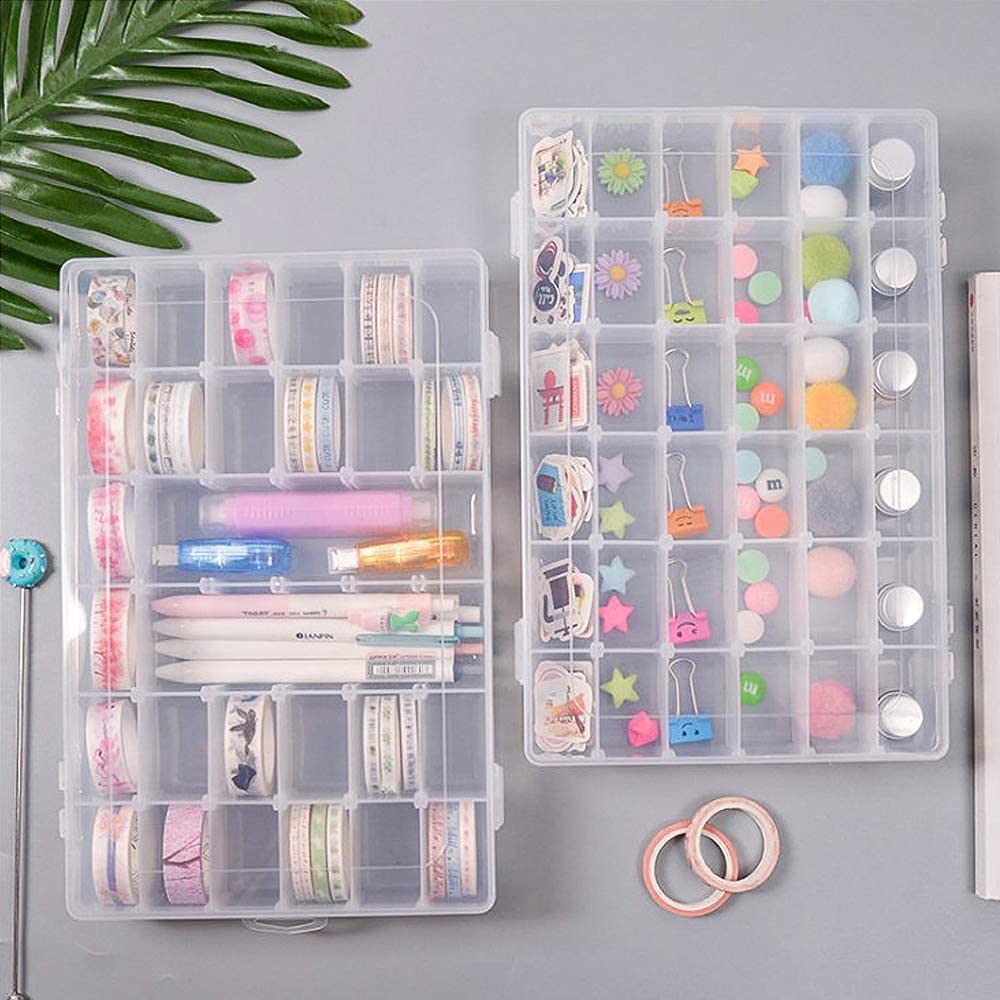 Yinpecly Component Storage Box 24 Grids Double Buckles Clear Organizer PS Fixed Dividers Electronic Component Containers Tool Boxes for Jewelry Beads Earring Tool Fishing Hook Small Accessories 1Pcs