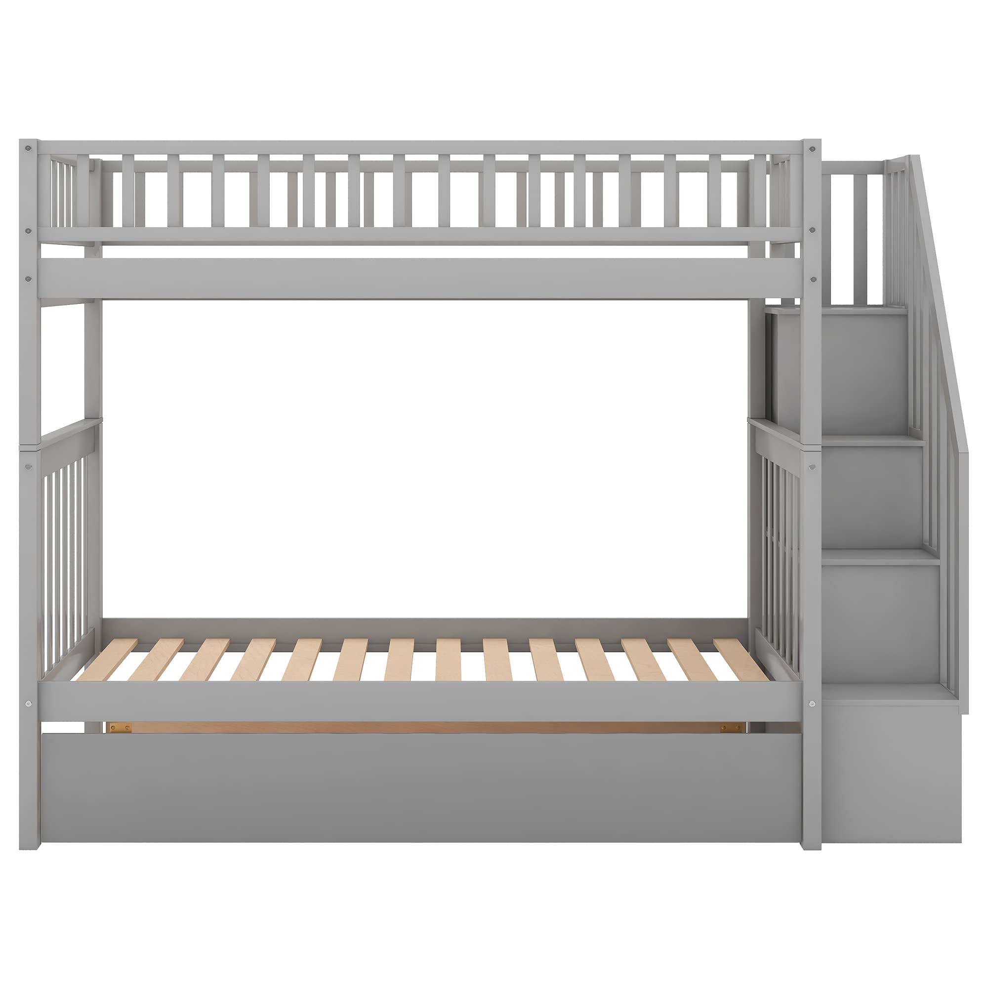 Harper & Bright Designs Twin Over Twin Bunk Bed with Stairs and Trundle, Solid Wood Stairway Bunk Bed Frame with Storage, Can be Split into 3 Separate beds, for Kids Teens Adults (Gray)