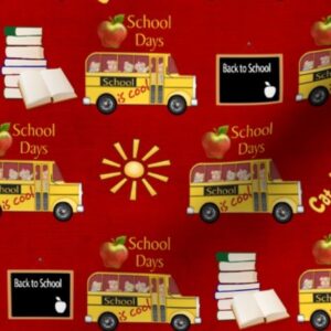 Spoonflower Fabric - School Bus Red Back to School Yellow Bear Transportation Printed on Petal Signature Cotton Fabric Fat Quarter - Sewing Quilting Apparel Crafts Decor