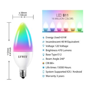 LVWIT Smart Light Bulb, B11 Smart Candelabra LED Bulb, E12 Base(12mm) WiFi Chandelier Light Bulb, Color Changing, Dimmable, Work with Alexa Home Amazon Echo, No Hub Required, 470 Lumen 4.9W 2 Pack