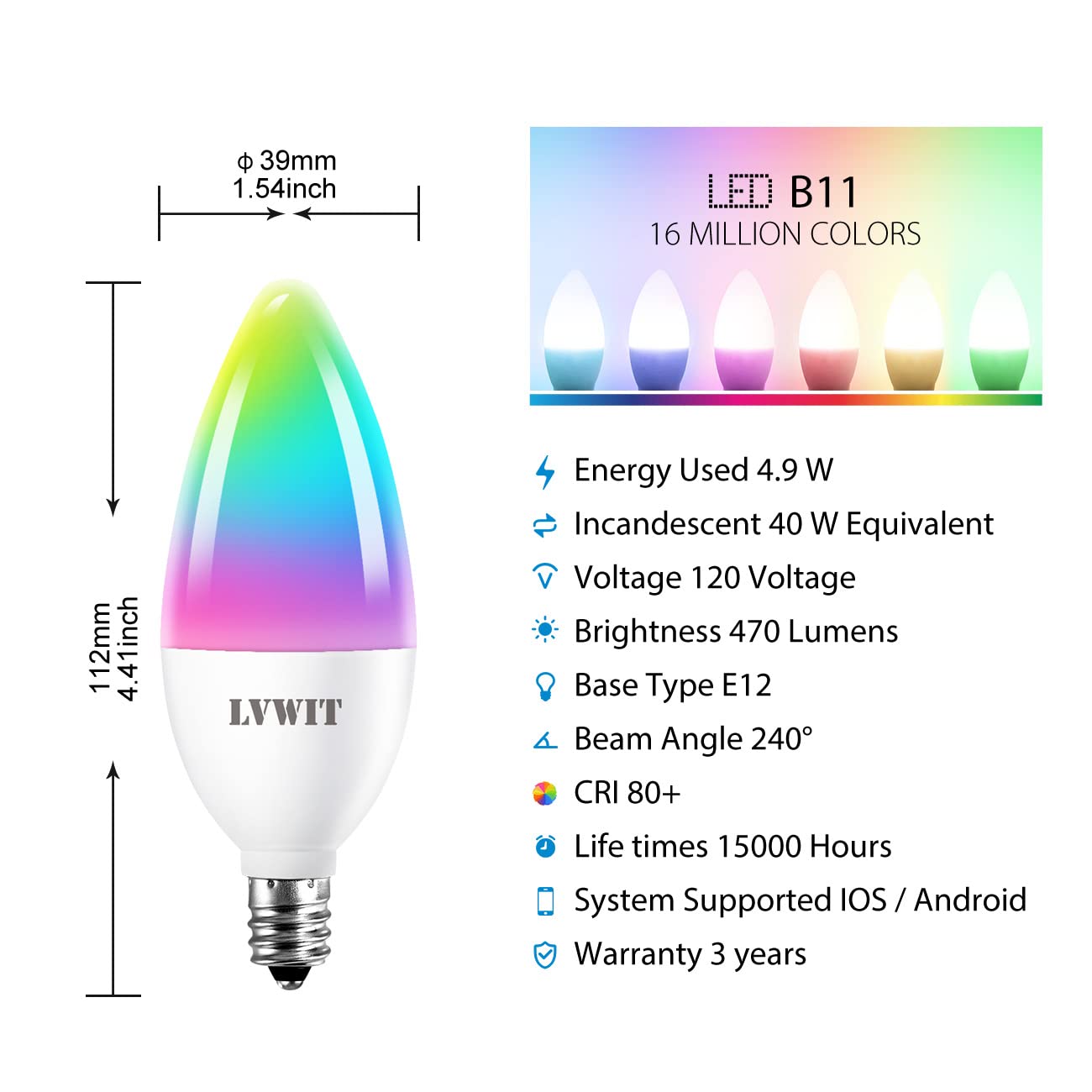 LVWIT Smart Light Bulb, B11 Smart Candelabra LED Bulb, E12 Base(12mm) WiFi Chandelier Light Bulb, Color Changing, Dimmable, Work with Alexa Home Amazon Echo, No Hub Required, 470 Lumen 4.9W 2 Pack