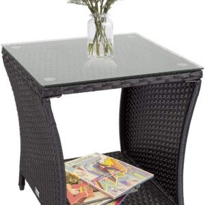 JSUN7 Outdoor Wicker Side Table - Outdoor Side Tables for Patio, Square Patio Bistro Table, Outdoor End Tables with Storage and Glass Top, Outdoor Furniture for Courtyard, Balcony, Black