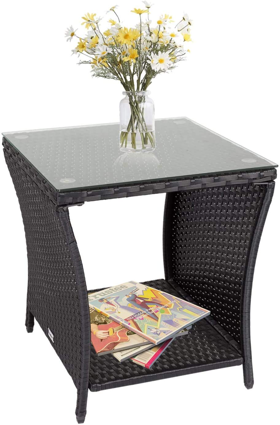 JSUN7 Outdoor Wicker Side Table - Outdoor Side Tables for Patio, Square Patio Bistro Table, Outdoor End Tables with Storage and Glass Top, Outdoor Furniture for Courtyard, Balcony, Black