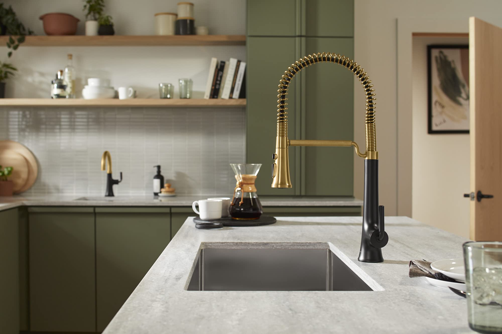 KOHLER 23765-BMB Tone Semi Professional Kitchen Faucet, Matte Black Moderne Brass