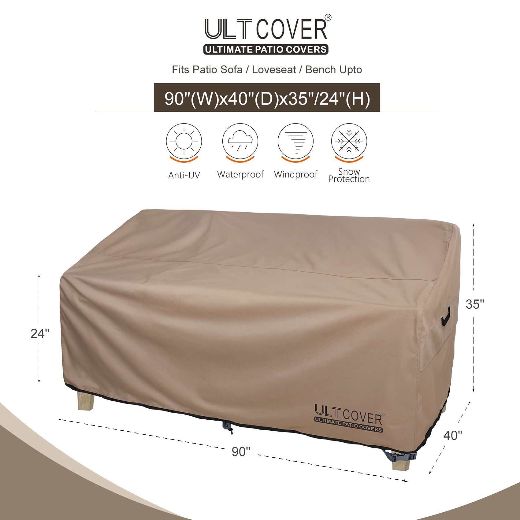 ULTCOVER Waterproof Outdoor Deep Seat Sofa Bench Cover 90W x 40D x 35H inch Patio Furniture Couch Cover