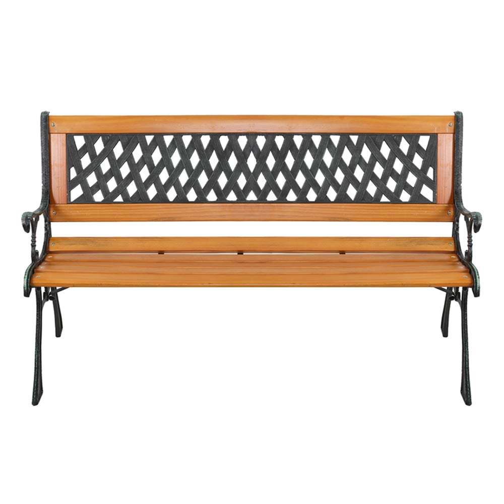 VINGLI 49.5" Outdoor Garden Bench,Deck Hardwood Cast Iron Wood Bench Chair for Patio Front Porch Path Yard Lawn