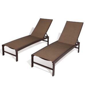 VredHom Patio Aluminum Chaise Lounge Chair, Set of 2 Outdoor Recliner Lounge Chair Sun Loungers, All Weather Chaise with 5 Adjustable Backrest and Lay Flat Positions for Garden, Balcony, Pool