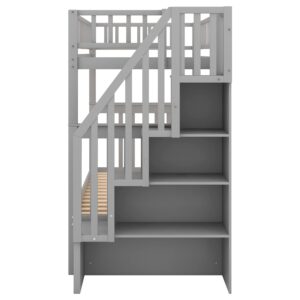 Harper & Bright Designs Twin Over Twin Bunk Bed with Stairs and Trundle, Solid Wood Stairway Bunk Bed Frame with Storage, Can be Split into 3 Separate beds, for Kids Teens Adults (Gray)