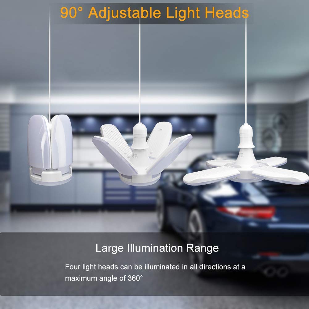 2 Pack LED Garage Lights, Screw in Garage Ceiling Lighting 2800LM, 28W E26 / E27 Daylight Lamp with 4+1 Adjustable Panels for Garage, Workshop, Warehouse, Utility Room, Barn, Shop, Basement