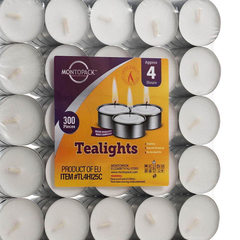 MontoPack Unscented Tea Light Candles 300 Pack | 4 Hours, White,Smokeless,Dripless Small Votive Paraffin Tealights | Long-Lasting for Home, Shabbat, Weddings, Events, Emergencies | Mini Candles